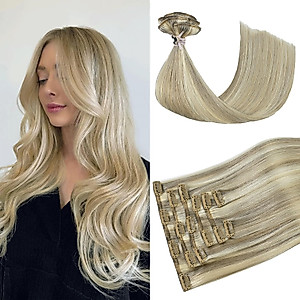 HUAYI Blonde Clip In Hair Extensions - Ash Blonde Mixed Bleach Blonde 70g 15 Inch, Real Human Hair Extensions for Women, Premium Quality Hair Extensions Real Human Hair for a Natural Look