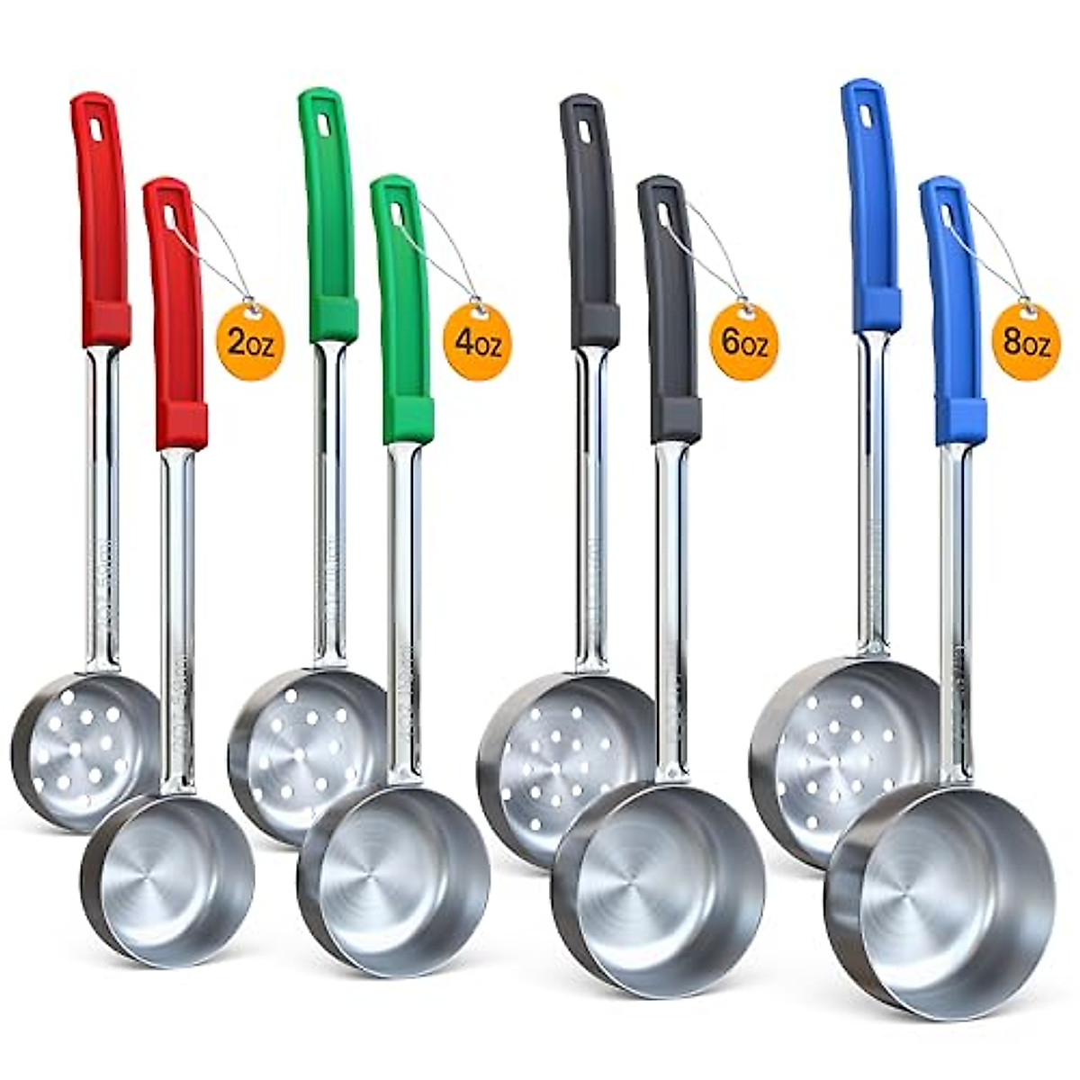 Portion Control Serving Spoons - Bariatric Must Haves - Ideal for Weight Watchers & Gastric Bypass - Set of 8 Ladles, 4 Sizes - Solid Bottom & Perforated/Slotted for Draining