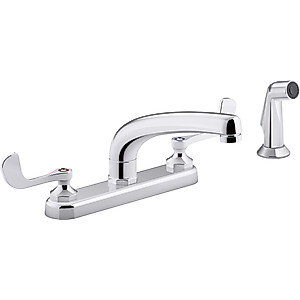 KOHLER 1.5 gpm kitchen sink faucet with 8-3/16" swing spout, matching finish sidespray, aerated flow and wristblade handles