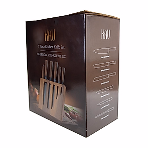 Knife Set with Block, KAV 7pc Kitchen Knives and Sharpening Rod, Stainless Steel Knife Set in High Carbon Matte Black, Chef's Slicing Bread Utility Knifes, Modern Wooden Block Open Face