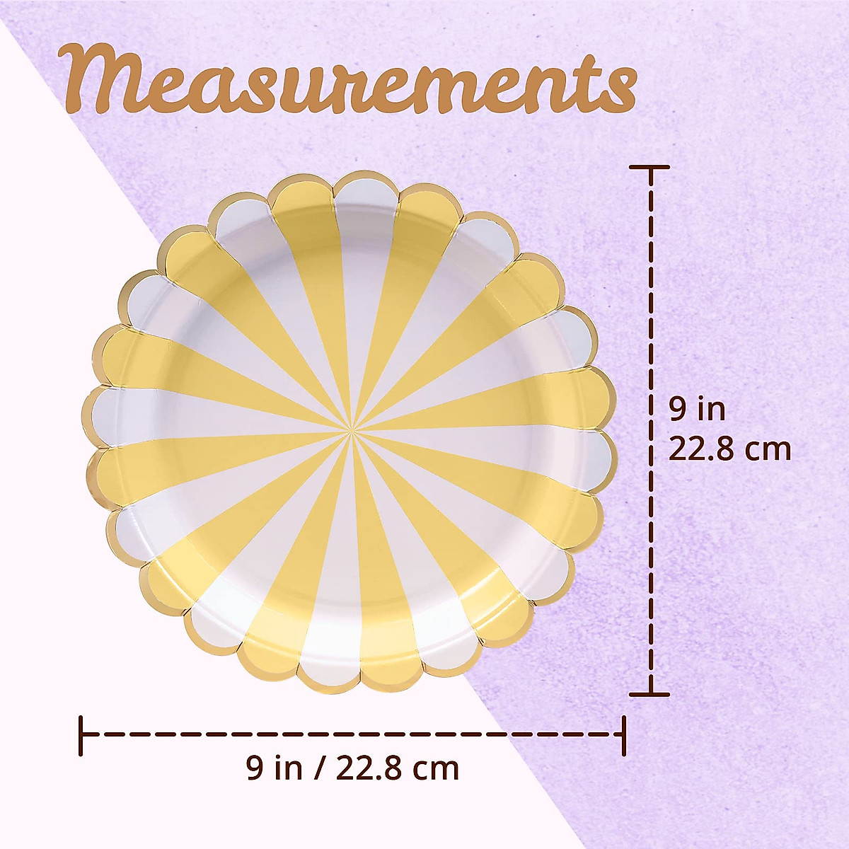 Confettiville Party Paper Plates, 50-Pack, Disposable Paper Plates, Gold Foil Scalloped Edge, Striped Pastel, 6 Colors, 9-Inch