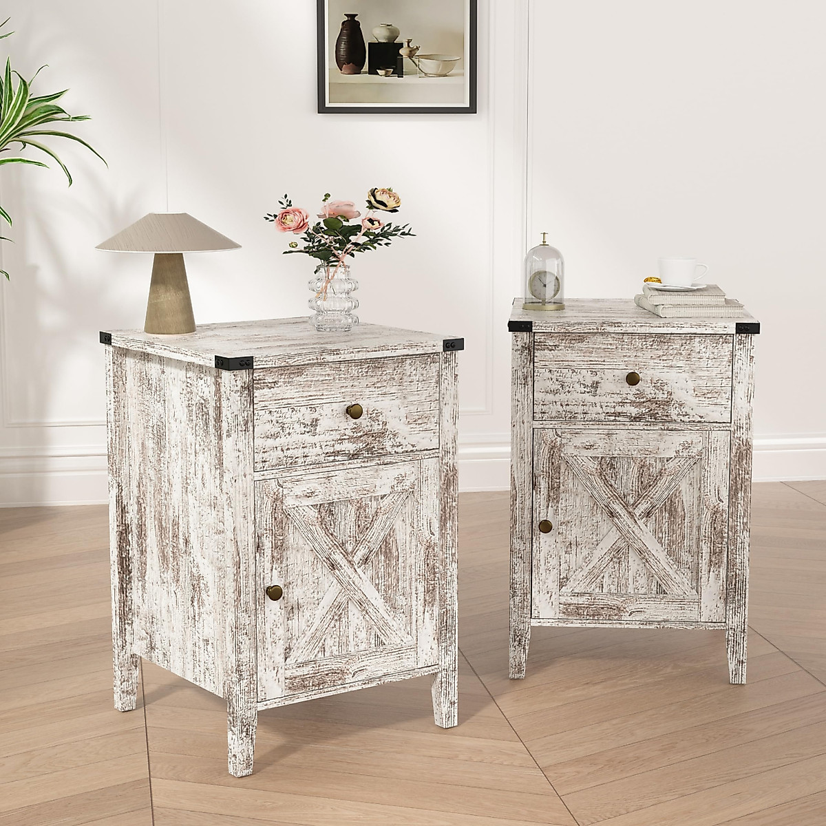 Betterhood Barnwood Rustic Farmhouse Nightstand Set of 2, Side Table with Barn Door and Drawers, Weathered Oak Style End Table for Bedroom, Grey Wash White (no Charging Station, 2)