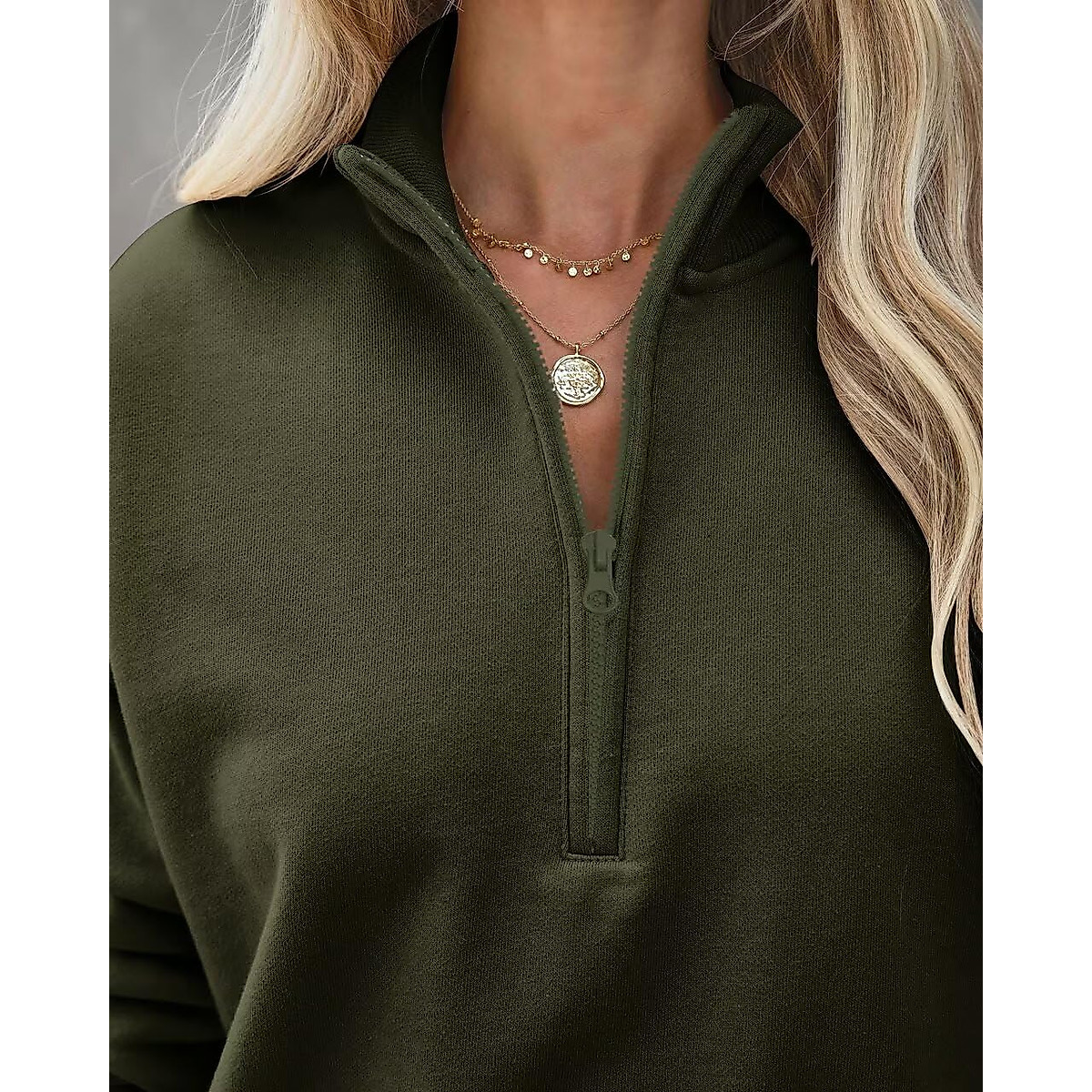 Dressmine Women's Stand Collar Sweatshirts Tops Loose Fit Long Sleeve 3/4 Zip Pullover Shirts for Women Army Green X-Large