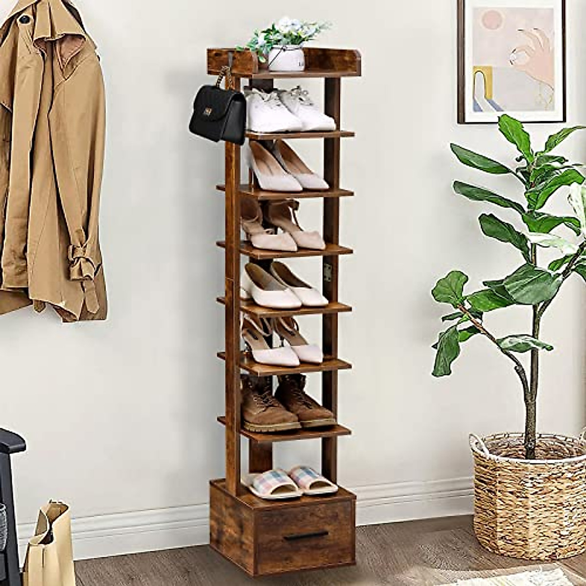 usikey 8 Tiers Vertical Shoe Rack, Wooden Narrow Shoe Tower with Bottom Drawer, Tall Shoe Rack Organizer, Space Saving Shoe Storage Shelf Stand for Small Space, Entryway, Rustic Brown