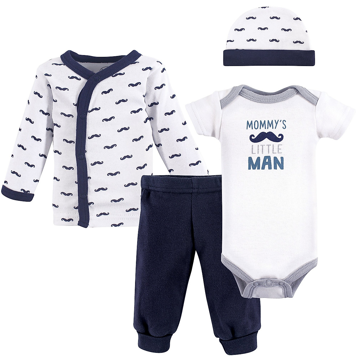 Luvable Friends baby boys Preemie 4 Piece Pant, Bodysuit, Shirt, Cap Layette Set, Mustache, Preemie US