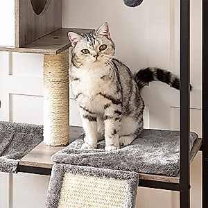 HOOBRO Wooden Cat Tree, Versatile Cat Tower with Scratching Post, Cat Hammock and Food Bowls, 4-Tier Pet House for Indoor Cats, Multi-Cat Families, Greige BG34MZ03