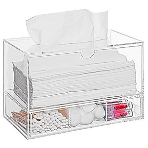 Modern Clear Acrylic Cosmetic Organizer with Pull Out Makeup Storage Drawer with Tissue Box Dispenser - Countertop Bathroom Supplies Holder