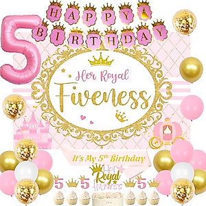 Sursurprise 5th Birthday Decorations for Girl Her Royal Fiveness Birthday Backdrop Cake Topper Sash Balloons for Princess 5 Years Old Birthday Party Supplies