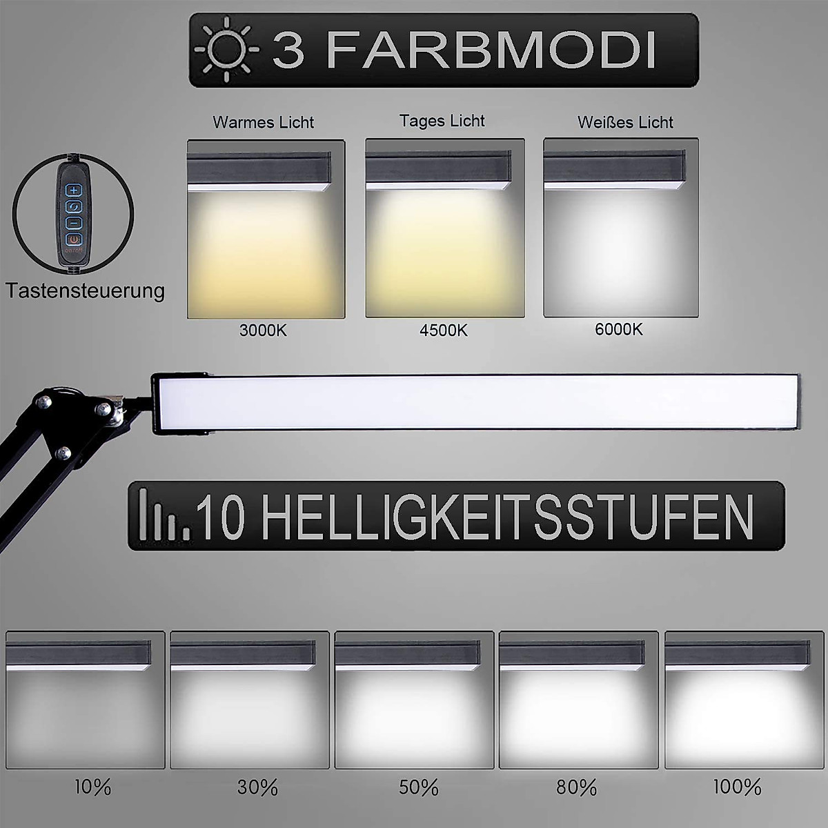 LED Desk Lamp, Swing Arm Desk Lamps with Clamp, Eye-Care Architect Desk Lights, 3 Color Modes & 10 Adjustable Brightness Levels, Table Lamps with Memory Function, Desk Lamp for Home Office(Black)