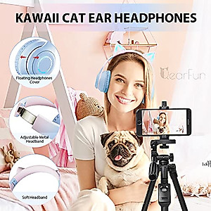 QearFun Cat Ear Kids Bluetooth Headphones for Girls for School, Foldable Wired Gaming Headset with Microphone & 3.5mm Jack, Adjustable Headband Teens Toddlers Wireless Earphones for Tablet/PC Pink