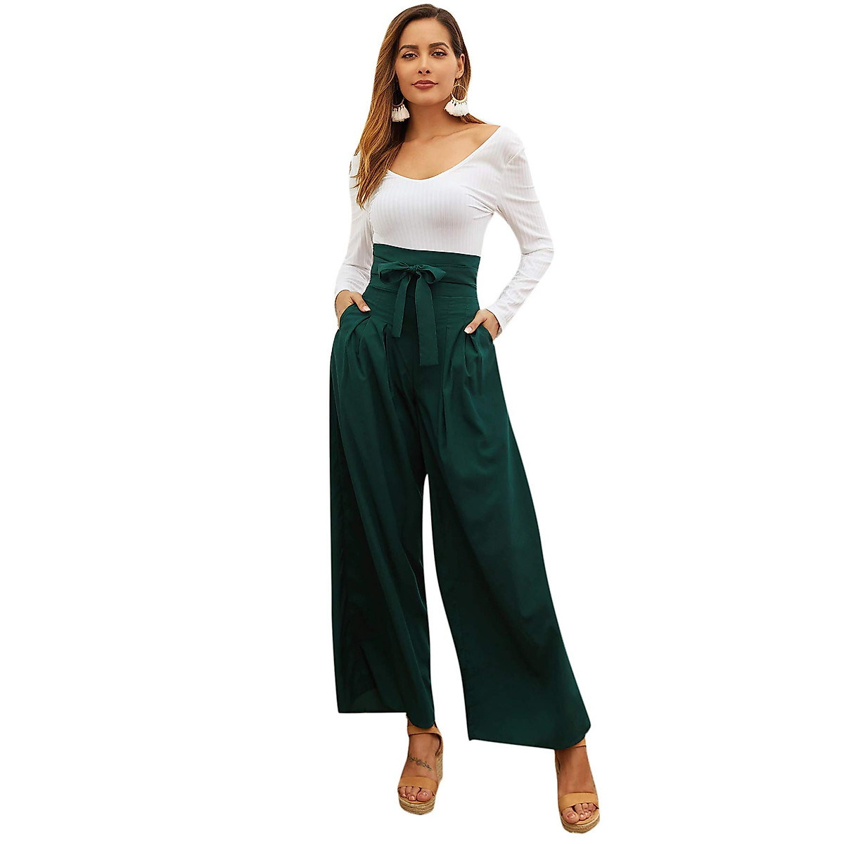 SweatyRocks Women's Casual High Waist Belted Wide Leg Pants with Pocket Green L