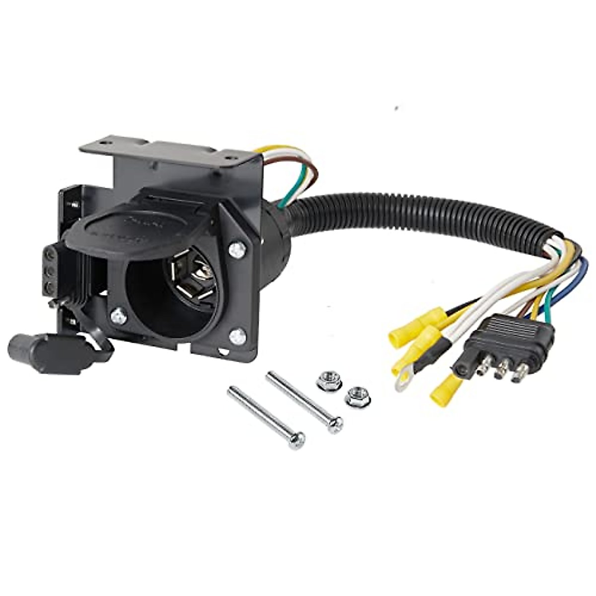 Oyviny 4-Way Flat to 7-Way Round Blade and 4 Way Trailer Wiring Harness Adapter Vehicle-Side 4 Pin to Trailer-Side 7 Pin and 4 Pin Dual-Output Connector with Mounting Bracket for Truck RV(Black)