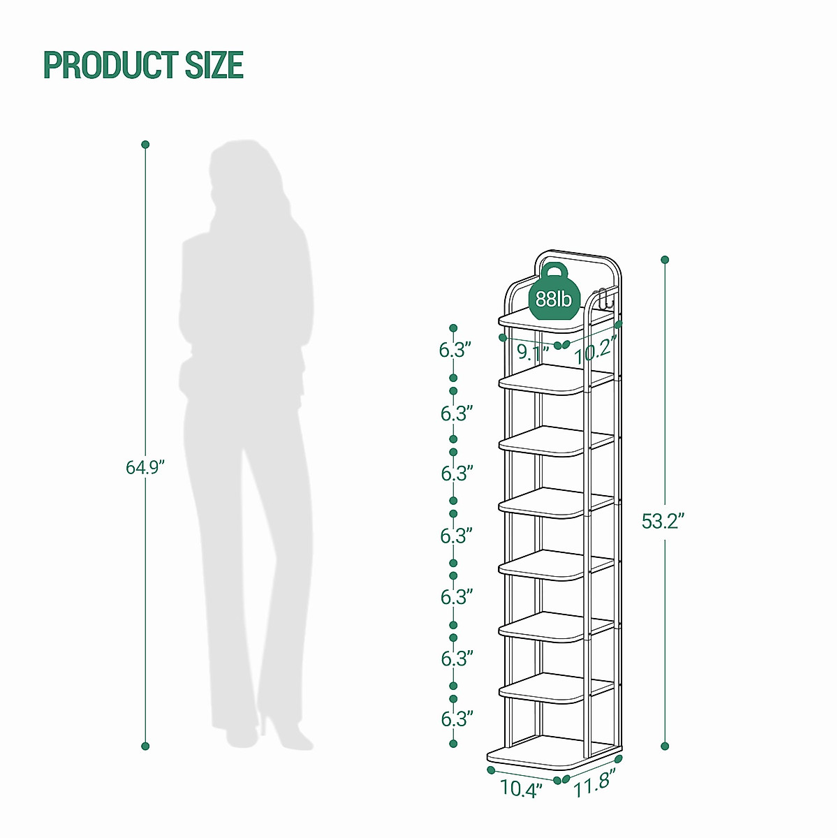 Hzuaneri Vertical Shoe Rack, Shoe Shelves, Wood Shoe Organizer for Closet, Entryway, Shoe Tower for Small Spaces, Free Standing, Adjustable, with 2 Hooks, 8 Tier Rustic Brown SR04301B