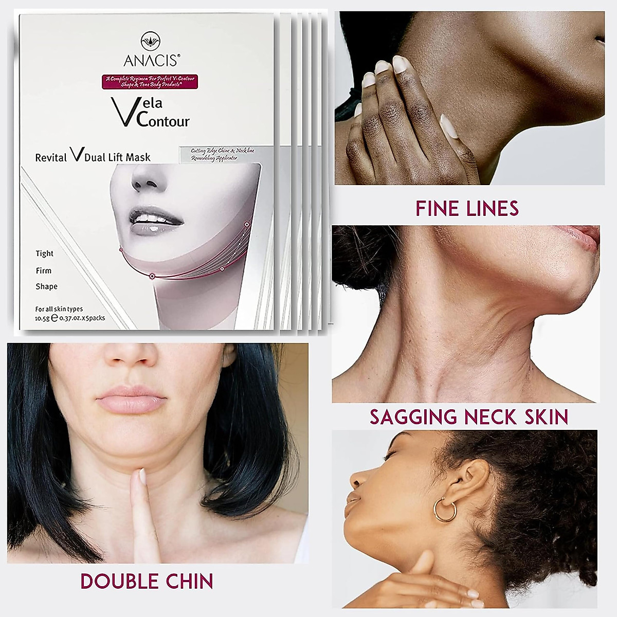 Anacis Advanced Neck Under Chin Mask Works for V-line Neck Chin Jawline - Fine Lines - Neck Wrinkles - Sagging Skin - For Women and Men. (5 Double Masks)