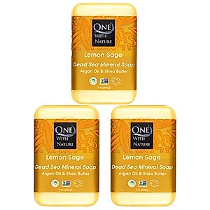 One With Nature Dead Sea Mineral Salt Lemon Sage 7oz Soap 3Pk, Argan Oil & Shea Butter - Dead Sea Salt Contains Magnesium, Sulfur & 21 Essential Minerals - All Skin Types, Acne, Psoriasis, Eczema
