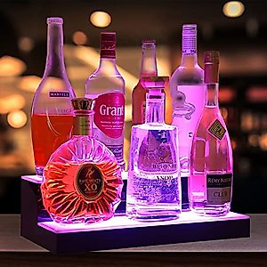 16 Inch LED Lighted Liquor Bottle Display Shelf 2 Step Illuminated Bar Bottle Shelf Lighted Bar Stand Acrylic Mounted Wine Racks for Commercial Home Bar Bottle Lighting Shelves with Remote Control