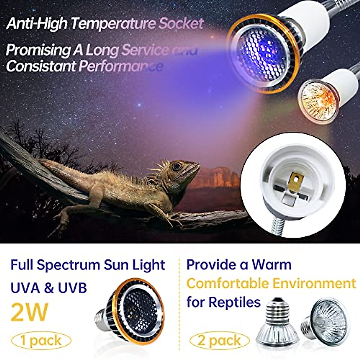 Reptile Heat Lamp,UVA UVB Reptile Light,Double-Head Turtle Light with 360° Rotatable Hose and Clamp,Full Spectrum LED UVB Sun Lamp and Two 50W Bulbs Suitable for Bearded Dragon,Turtle,Lizard,Snake