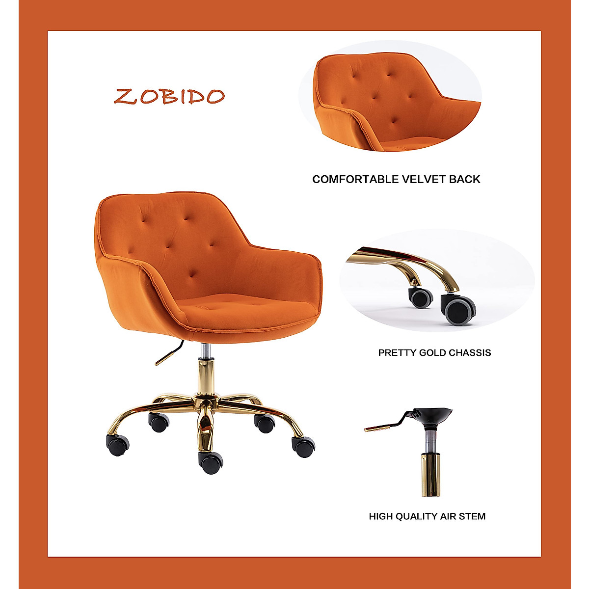 ZOBIDO Comfy Home Office Task Chair with Wheels, Cute Modern Upholstered Velvet Back Adjustable Swivel Vanity Desk Chair, for Women,for Girls, Living Room, Bedroom(Dark Orange)
