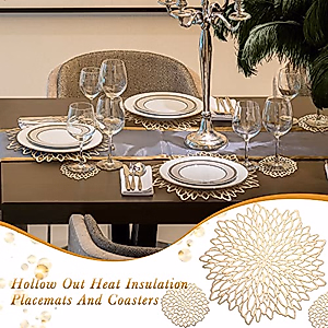CHENGU 24 Pcs Round Pressed Vinyl Placemats Metallic Place Mat Coaster Set Including Placemats and Coasters Non Slip Heat Resistant Washable Table Mats for Dining Table Kitchen Decoration (Gold)
