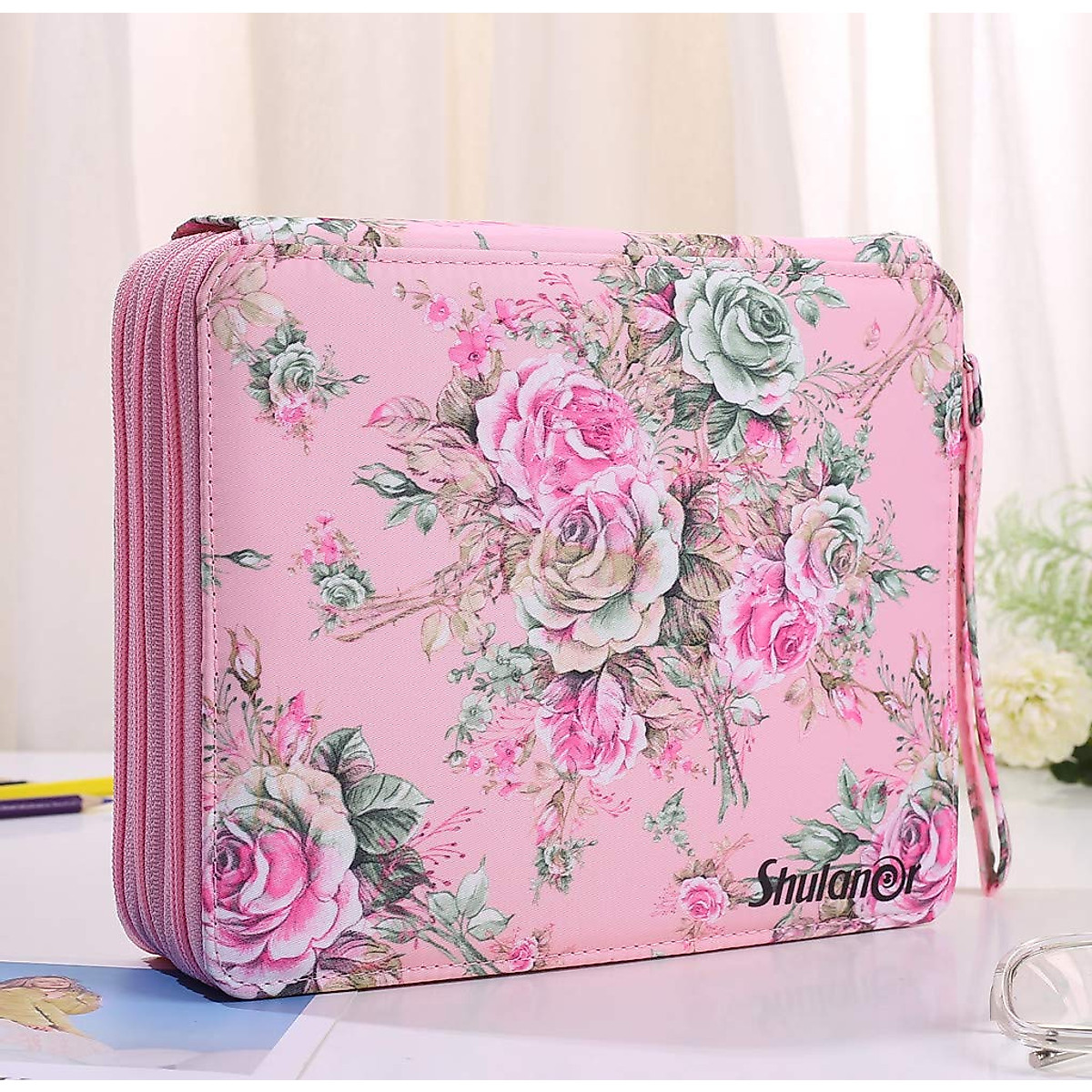 Shulaner 120 Slots Colored Pencil Case with Zipper Closure Large Capacity Pink Rose Oxford Pen Organizer Flower Pencil Holder