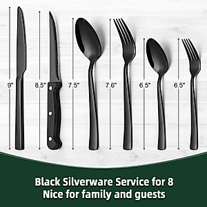 48 Pieces Black Silverware Set with Steak Knives, CEKEE Stainless Steel silverware set for 8, Black Flatware Cutlery Kitchen Utensils Set, Spoons and Forks Set, Mirror Polished & Heavy Duty
