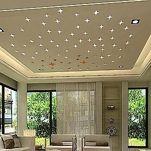 Baost 50Pcs Removable 3D Star Shape Mirror Effect Wall Stickers Decor Self-Adhesive Wall Art Mural Decals Stickers for Kids' Room Nursery Bedroom Ceiling TV Background Silver