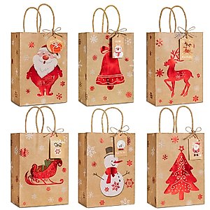 12PCS Christmas Kraft Gift Bags Treat Bags, Small Christmas Bags with Christmas Presents Tags, Christmas Paper Bags Goodie Bags with Handle, Xmas Holiday Gift Bags for New Year Classroom Party Favors