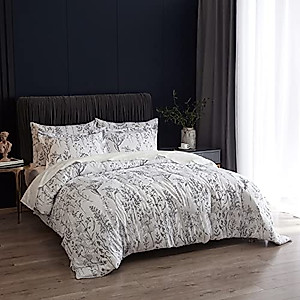 HYPREST Floral Duvet Cover King Size, White and Black Duvet Cover, 3 Pcs Farmhouse Leaf King Duvet Cover Soft Breathable Lightweight Shabby Chic Bedding Duvet Covers (Oeko-Tex Certificated)