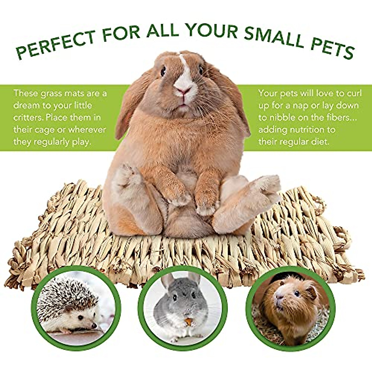 PrimePets Grass Mat for Rabbits Bunny, 3 Pack, Woven Hay Mat for Small Animals, Natural Straw Bedding Resting Cage Mat for Guinea Pig Parrot Chinchilla Hamster Rat