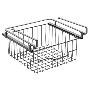 mDesign Compact Hanging Pullout Drawer Basket - Sliding Under Shelf Storage Organizer - Metal Wire - Attaches to Shelving - Easy Install - for Kitchen, Pantry, Cabinet - Graphite Gray
