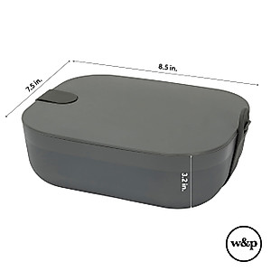 W&P Porter Lunch Box, 3 Compartment Bento Box Style Portable Adult Lunch Box with Snap Strap- Food Container, BPA Free, Dishwasher and Microwave Safe, Blush, Medium
