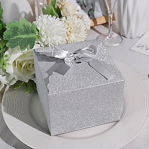 HONEYGIFTS Sliver Gift Boxes, Paper Treat Boxes Glitter Candy Box with Ribbon for Wedding Cookie Chocolates Small Gifts