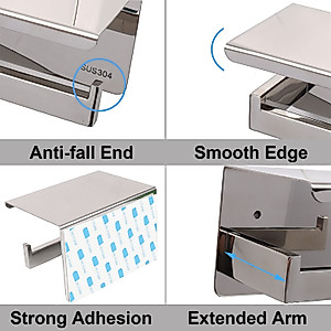 Vanloory Toilet Paper Holder with Shelf, SUS304 Stainless Steel Anti-Rust Paper Roll Holder, Drilling or Adhesive Tissue Paper Holder, Fit Big Roll Toilet Paper Dispenser Wall Mounted（Polished Chrome）