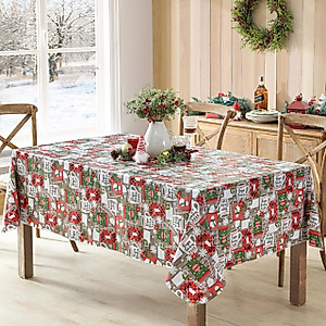 Newbridge Jolly Holiday Candy Cane Print Flannel Back Vinyl Christmas Tablecloth - Happy Holidays Grey, Red and Green Xmas Wipe Clean Easy Care Tablecloth, 60” x 120” Oblong/Rectangle