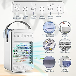 Portable Air Conditioner Fan, Small Air Conditioner Household Cooling Spray Fan-4 Fan Speeds, Multiple Light Colors， Duration 8h, USB Desktop Cooling Fan for Home, Bedroom, Indoor, and Office