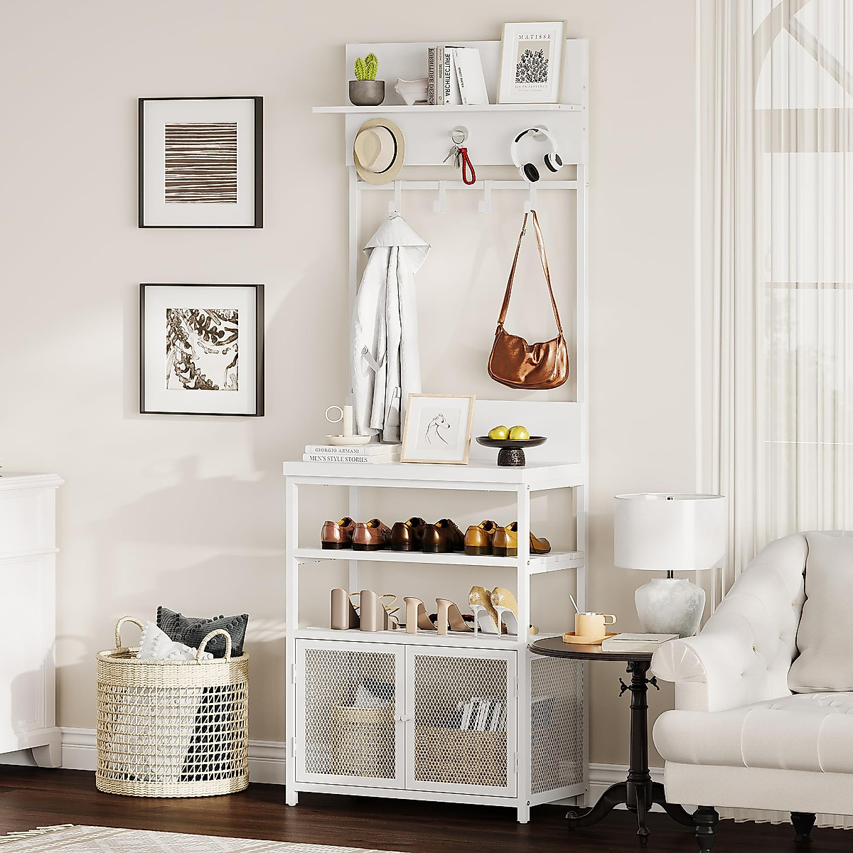 IDEALHOUSE Hall Tree with Doors White 72.8in Coat Rack Shoe Storage Narrow Coat Tree Shoe Shelf Organizer with 7 Hooks for Entryway Bedroom and Mudroom