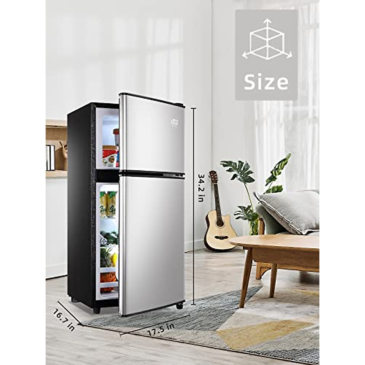 KRIB BLING 3.5 Cu.ft Retro Mini Fridge with Freezer - Compact Refrigerator for Home, Office, Dorm, or RV with Adjustable Mechanical Thermostat and 2-Door Design, Silver