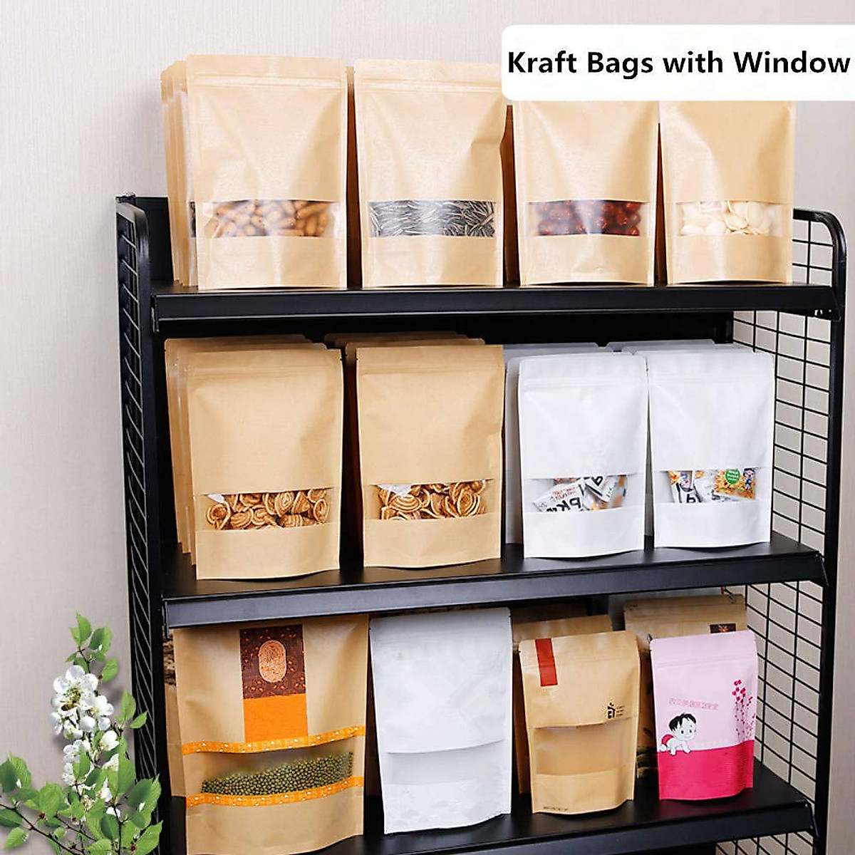 50 pcs Kraft Bags with Window Stand Up Ziplock Seal Paper Bag Resealable Large Food Storage Pouch 1oz 3.5×5.5in