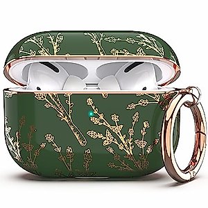TATOFY Case Cover for AirPods Pro 2019,Stylish AirPods Pro Case for Women Girls, Flower Patterns Protective Hard Case with Clip （Golden Green）