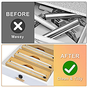 Ziplock Bag Organizer, Wrap Dispenser with Cutter, Plastic Wrap, Aluminum Foil and Wax Paper Dispenser for Kitchen Drawer, Bamboo Roll Organizer Holder