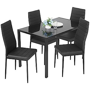 Ruesleag Dining Table Set 5-Piece Dining Room Glass Tabletop Table &Upholstered Chairs for 4 Modern Kitchen Table with Chairs Space-Saving Home Furniture for Dining Room Kitchen Living Room,Black