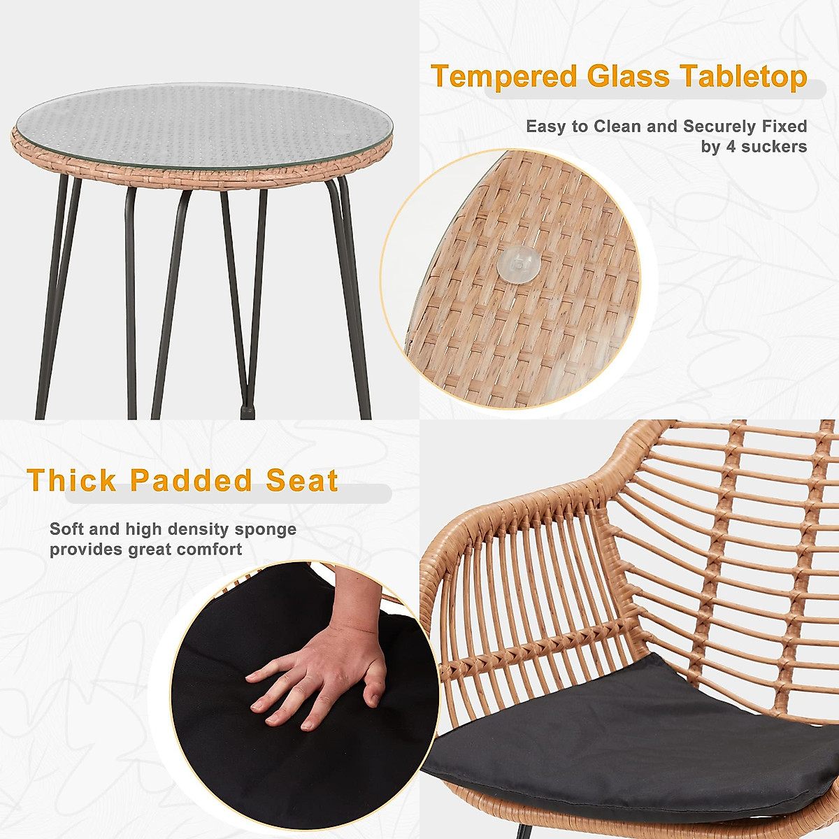 Tappio 3 Piece Outdoor Wicker Furniture Patio Bistro Set, Balcony Furniture Rattan Conversation Sets, Outdoor Patio Chairs Set for Porch Poolside Garden, Black