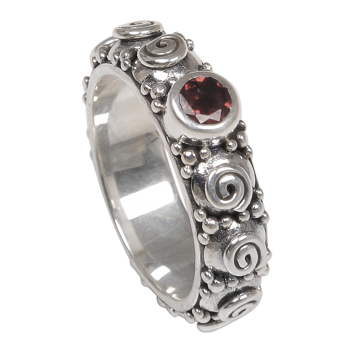 NOVICA Artisan Handmade Garnet Singlestone Ring Sterling Silver from Indonesia Red Birthstone [crownbezel 0.2 in H x 0.2 in Diam. Band Width 6 mm W] ' Swirls of Joy in Red'