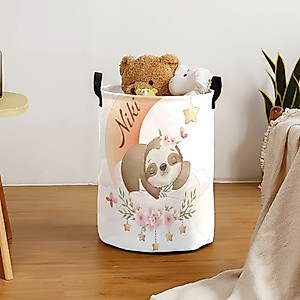 Cute Sloth Floral Round Storage Basket Personalized Name Laundry Basket Waterproof Nursery Hamper with Handle for Living Room Bedroom and Clothes