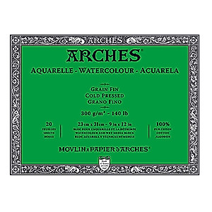 Arches Watercolor Block 9x12-inch Natural White 100% Cotton Paper - 20 Sheets of Arches Watercolor Paper 140 lb Cold Press - Arches Art Paper for Watercolor Gouache Ink Acrylic and More