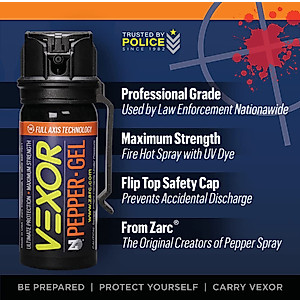 VEXOR® Pepper Gel from Zarc™, Maximum Strength Police Pepper Spray, Gel Is The future, Full Axis (360°) Technology Shoots from Any Angle 18-feet, Flip-top Safety and Belt Holster Included (4 Pack)