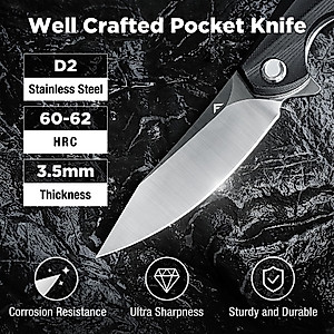 FLISSA Folding Pocket Knife, 3.75" D2 Steel Blade, G10 Handle, EDC Knife with Pocket Clip for Men, Ball Bearings Pivot, Assisted One-Handed Flipper Opening, Liner Lock, Sharp Camping Survival Hiking Knives
