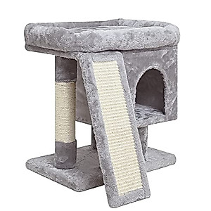 SYANDLVY Small Cat Tree for Indoor Cats, Modern Cat Activity Tower with Plush Perch, Kittens Condo with Scratching Post and Board, Cat Cave (Light Grey)