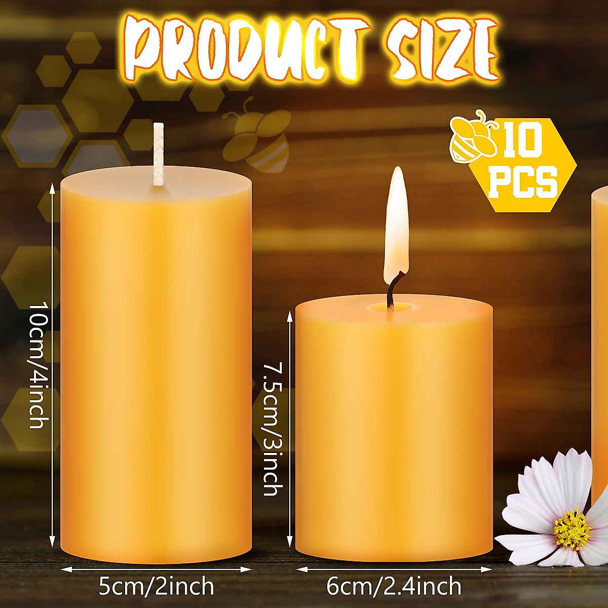Threlaco 10 Pcs Pure Beeswax Candles Set Natural Unscented Beeswax Pillar Candle 2.4 x 3 Inch 2 x 4 Inch Smokeless Bees Wax Candles Long Burn Time Scentless Candles for Prayer Decoration Home Relax