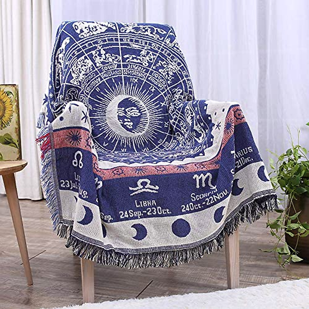 Edcooy Astrology Throw Blanket，Bohemian Hippie Woven Witchy Zodiac Celestial Constellation Balnket for Home Decor, Double Side CoverChair Sofa Couch(Blue, 50" x 70") (71''x91'')